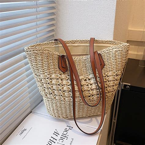 Straw Woven Beach Tote Bag With Leather Straps On Luulla
