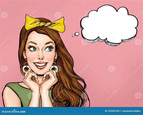 Удивленная молодая женщина улыбаясь на мочевом пузыре речи Изумленная леди вау Иллюстрация