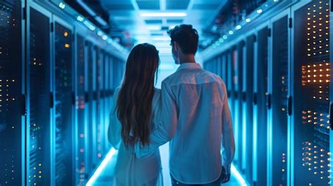 Two It Professionals Walking Through A Vibrantly Lit Data Center Server Room Premium Ai