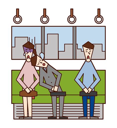 電車内で隣の人にもたれかかりながら寝る人（男性）のイラスト フリーイラスト素材集 Kukukeke