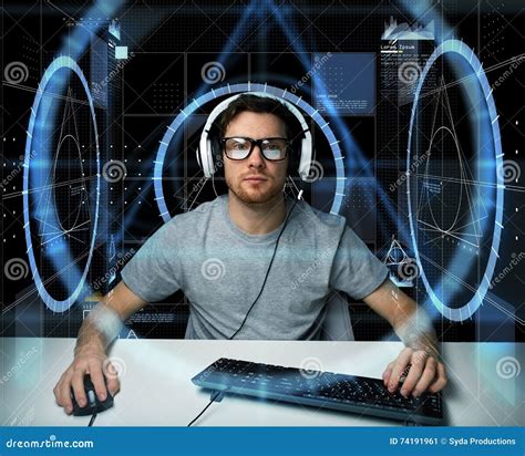 Man In Headset With Computer Virtual Projections Stock Image Image Of Entertainment Gamer