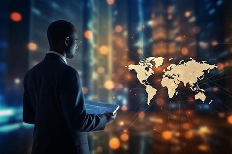Premium Photo A Man In A Suit Stands In Front Of A World Map