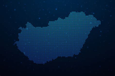 ハンガリーは未来的なスタイルで地図を点在させ星の線の点で作られた輝く輪郭通信ダークブルーの背景にインターネット技術の概念 アイコンの