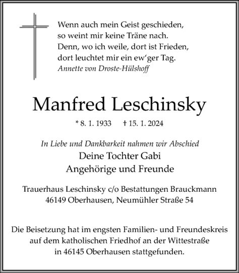 Traueranzeigen Von Manfred Leschinsky Trauer In Nrw De