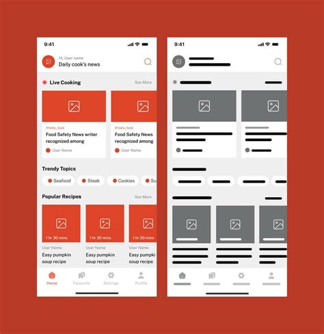 Cooking Recipes App UI Kit Modern Home Screen Design With Wireframe Layout For Mobile App