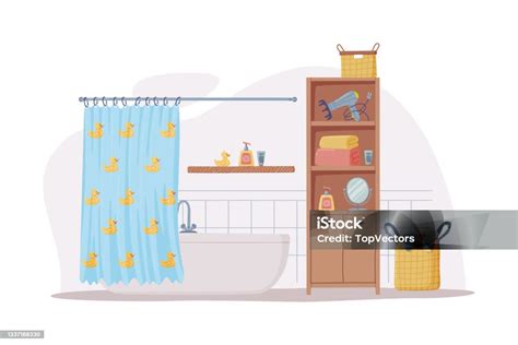 캐비닛 욕조 및 세탁 바구니 벡터 일러스트가있는 욕실 또는 화장실 인테리어 가구에 대한 스톡 벡터 아트 및 기타 이미지 가구 가정 생활 가정용 시설 Istock