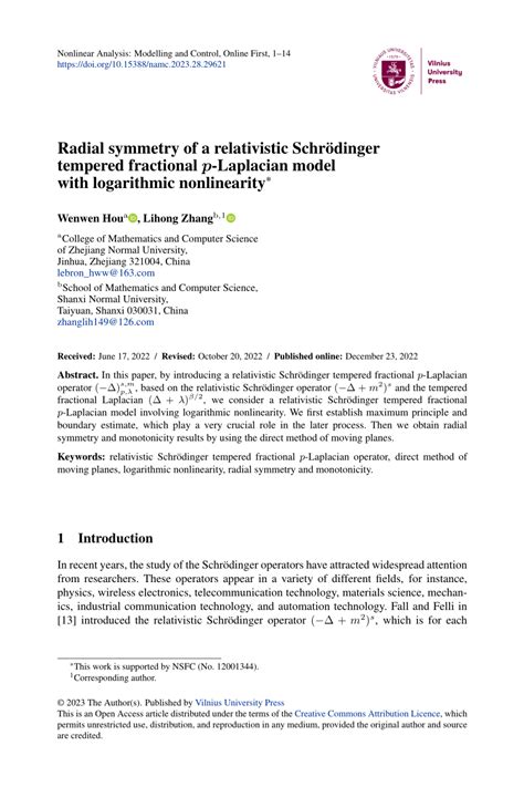 Pdf Radial Symmetry Of A Relativistic Schrödinger Tempered Fractional P Laplacian Model With