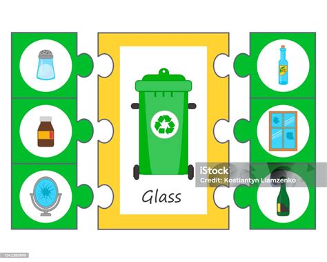 เกมสําหรับเด็ก ปริศนา ภาพประกอบแนวคิดการคัดแยกขยะ จัดเรียงขยะตามประเภท แก้ว ภาพประกอบสต็อก