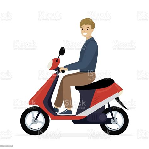 현대 오토바이의 운전자 스쿠터를 타는 만화 백인 남자 흰색 배경에 고립 된 오토바이 만화 남성 라이더와 자전거 차량 두 바퀴 모터 스쿠터 모페드에 대한 스톡 벡터 아트 및