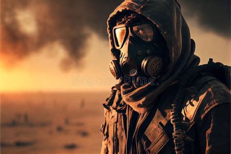 Environmental Disaster Post Apocalyptic Survivor In Gas Mask Stock