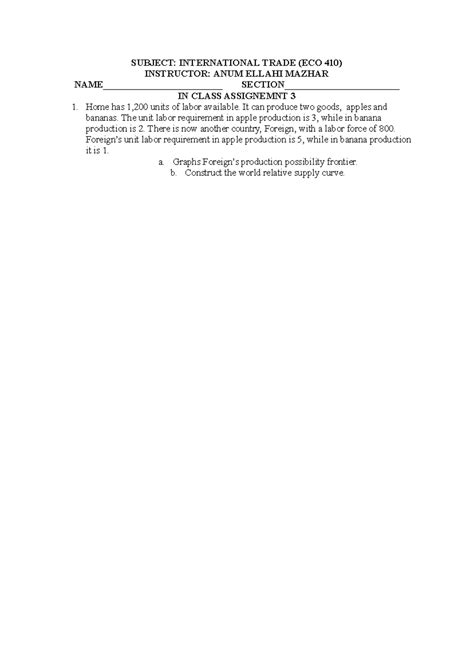 In Class Assignment 3 Subject International Trade Eco 410 Instructor Anum Ellahi Mazhar
