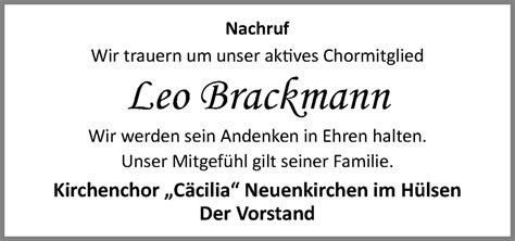 Traueranzeigen Von Leo Brackmann Noz Trauerportal