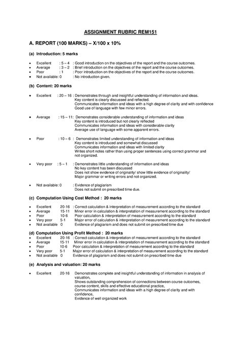 Rem151 Assignment Rubric Assignment Rubric Rem A Report 100 Marks