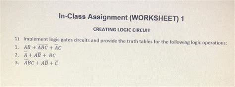 Solved In Class Assignment Worksheet 1 Creating Logic