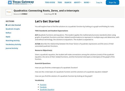 Texas Gateway Quadratics Connecting Roots Zeros And X Intercepts Unit Plan For 9th 10th