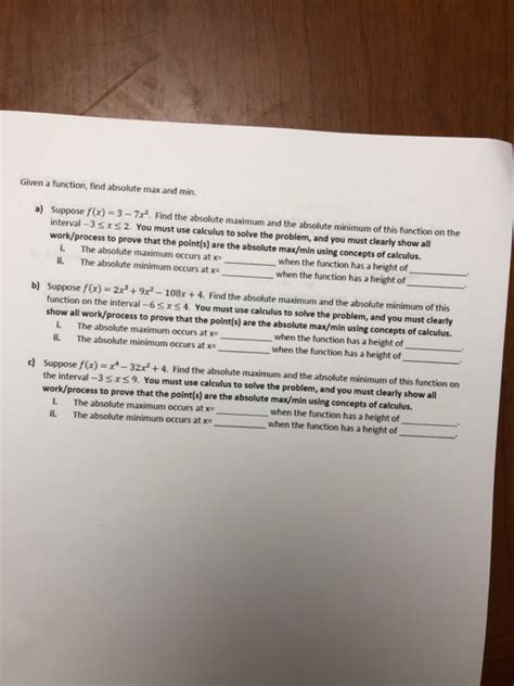 Solved Given A Function Find Absolute Max And Min A