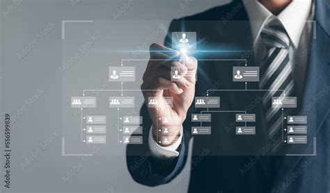 Businessman Touching Organization Chart On Virtual Interface Screen Business Process And