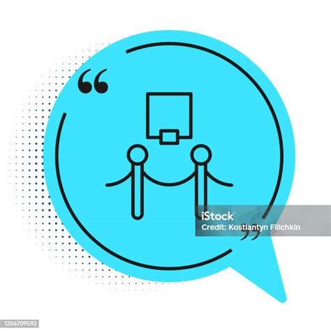 흰색 배경에 격리 된 검은 선 그림 프레임과 로프 장벽 아이콘 전시 보호 박물관 갤러리 인테리어 파란색 음성 버블 기호입니다 벡터 0명에 대한 스톡 벡터 아트 및 기타