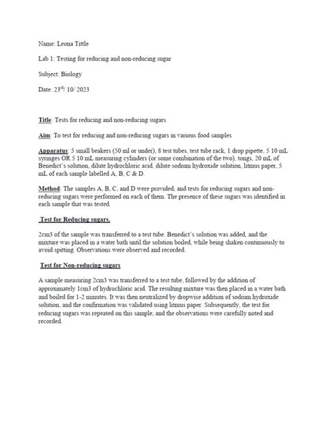 Biology Lab 1 Pdf Carbohydrates Chemistry