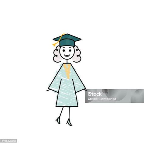 행복한 학생 소녀 다채로운 낙서 벡터 일러스트 레이 션 학교 하루의 끝 졸업식 그리기 클립 아트 검은 윤곽선 스케치 교육에 대한 스톡 벡터 아트 및 기타 이미지 Istock