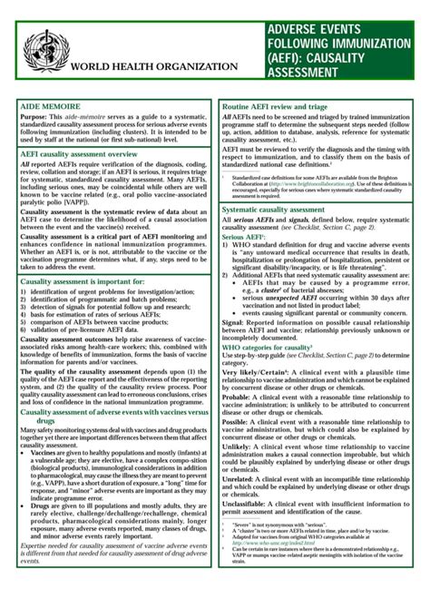 Aefi Causality Assessmentwho2005 Pdf Vaccines Medical Health