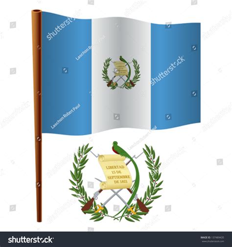 Guatemala Wavy Flag And Coat Of Arms Against White Background Vector