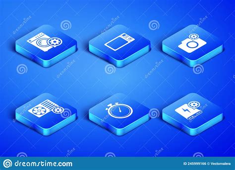 Set Power Bank Setting Washer Stopwatch Air Conditioner Microwave Oven And Photo Camera Icon