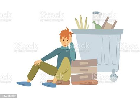 노숙자 개념 청남은 돈을 구걸하고 도움이 필요합니다 노숙자 남자 짓밟 쓰레기의 산과 쓰레기통 고립 된 벡터 사이의 거리에 앉아