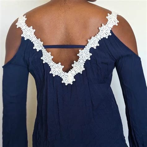 Charlotte Russe Tops Navy Blue Peekaboo Shoulder Shirt With Floral