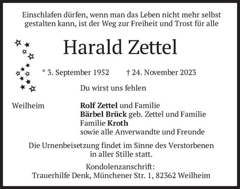 Traueranzeigen Von Harald Zettel Trauer Merkur De