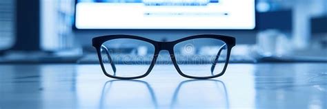 A Pair Of Black Eyeglasses Rests On A Blue Desk In Front Of A Blurry
