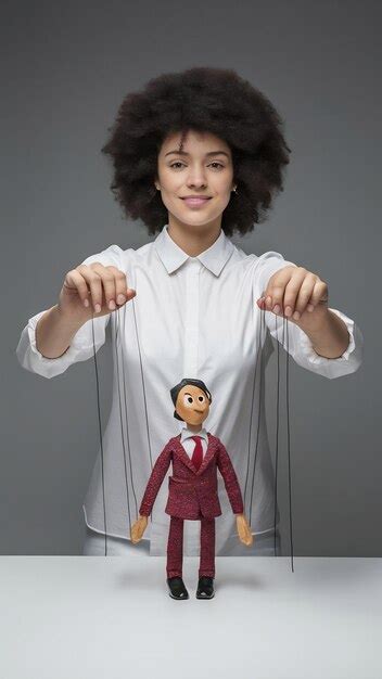Woman Pulling Strings Of Puppet On Light Grey Background Closeup Premium AI Generated Image