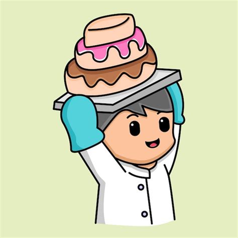 케이크 만화 디자인을 들고 귀여운 요리사 프리미엄 벡터