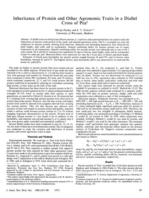 Pdf Inheritance Of Protein And Other Agronomic Traits In A Diallel Cross Of Pea1
