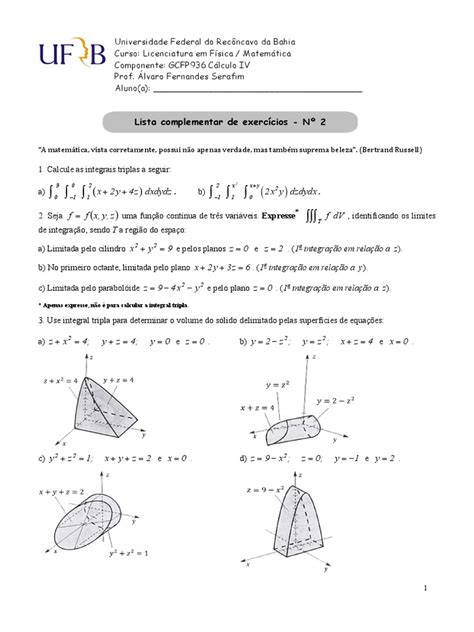 Lista 2 Integrais Triplas Pdf Pdf Esfera Integrante