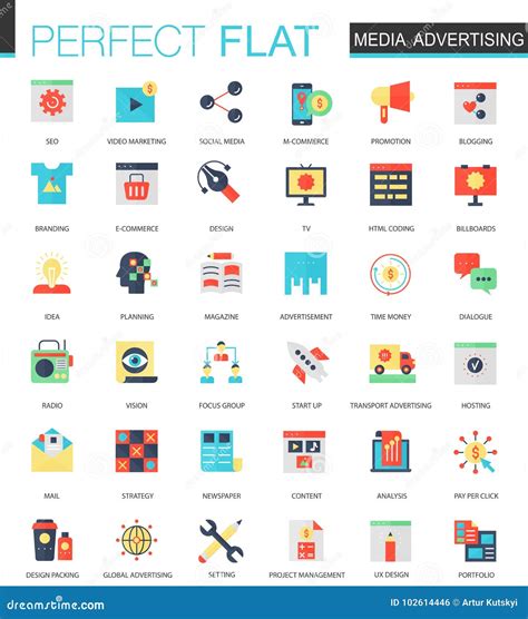 Sistema Del Vector De Iconos Planos De La Medios Publicidad Ilustración