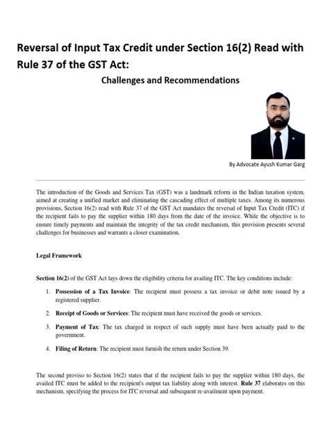Reversal Of Input Tax Credit Under Section 16 Pdf Taxes