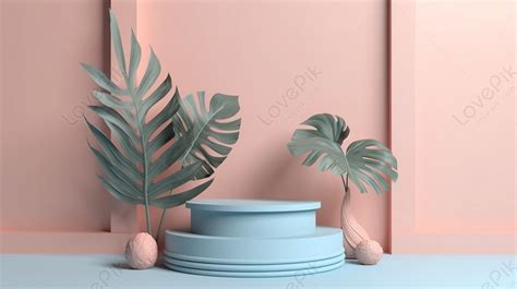 열대 잎과 산호 핑크 식물로 장식된 추상적인 연단 디스플레이를 보여주는 3d 렌더링 배경으로 제품 홍보를 강화하세요 3d 식물 배경 연단 배경 추상적 배경 이미지