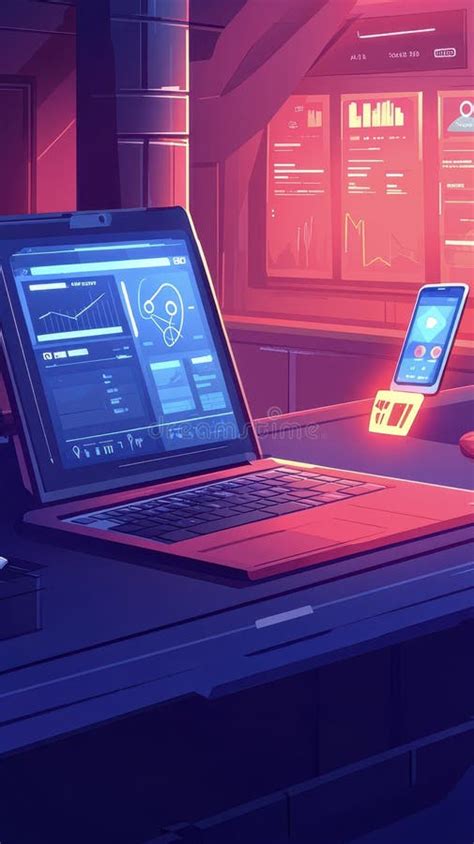 A Computer Monitor And A Cell Phone Are On A Desk Stock Illustration