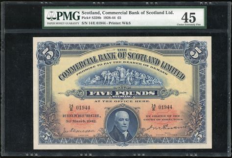 1942年苏格兰5镑 编号 14e 01944 Pmg 45。commercial Bank Of Scotland Limited