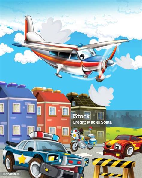 Scène De Dessin Animé Avec La Voiture De Police Conduisant Par La Ville