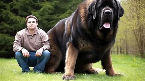 Man Kneeling Down Next To A Giant Sized Dog Background Big Dog