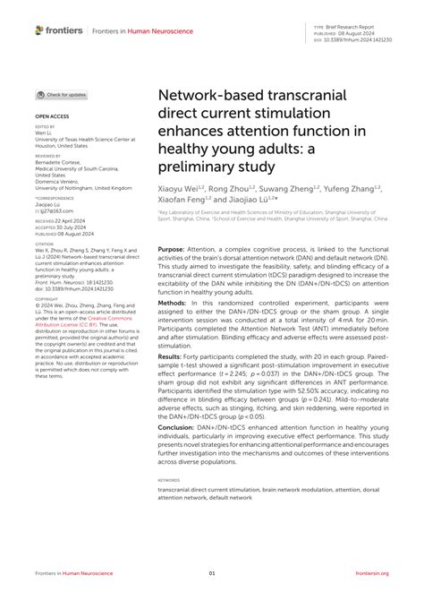 Pdf Network Based Transcranial Direct Current Stimulation Enhances Attention Function In