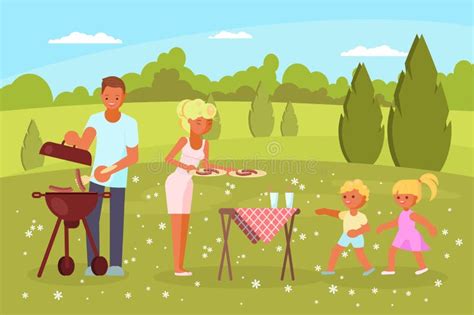 Famille Heureuse Ayant L Amusement Ensemble Dans Le Parc Parents Avec Deux Enfants Illustration