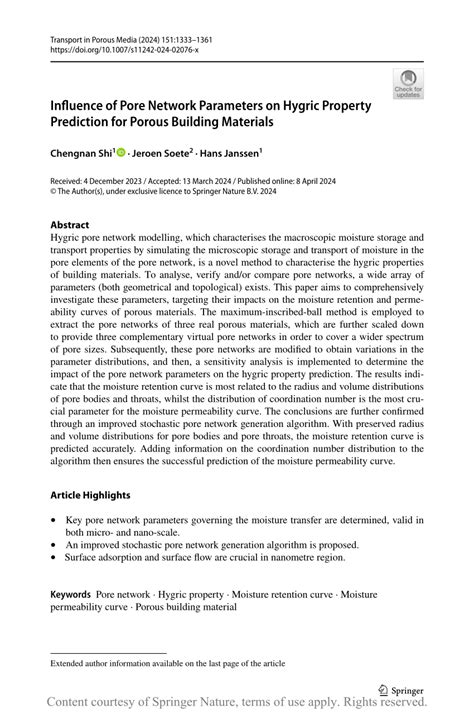 Influence Of Pore Network Parameters On Hygric Property Prediction For Porous Building Materials