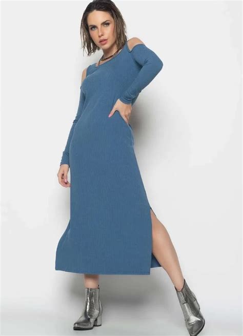 Vestido Midi Ombro Vazado Manga Longa Canelado Fashion Azul Salvatore