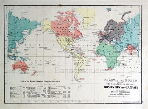 1880 Antique Map Of The World Showing Canada And Other British