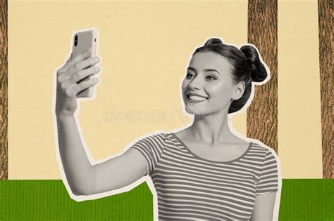 Creative Photo Collage Young Girl Taking Selfie Smartphone Camera