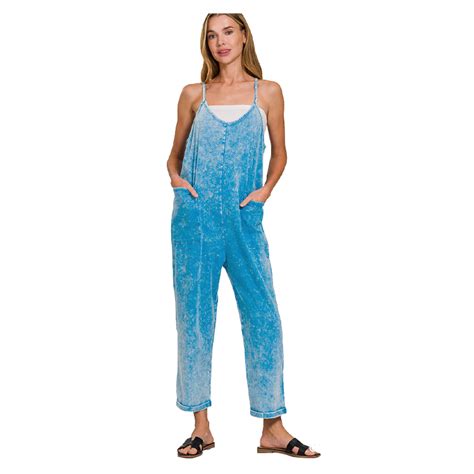 Zenana Washed Spaghetti Straps Overalls With Pockets Ocean Blue