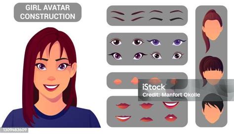 아바타 창조를위한 여자 얼굴 건설 팩 여성 아바타는 머리와 머리 스타일 눈 코 입 눈썹으로 구축합니다 프리미엄 벡터 세트 눈 신체 부분에 대한 스톡 벡터 아트 및 기타